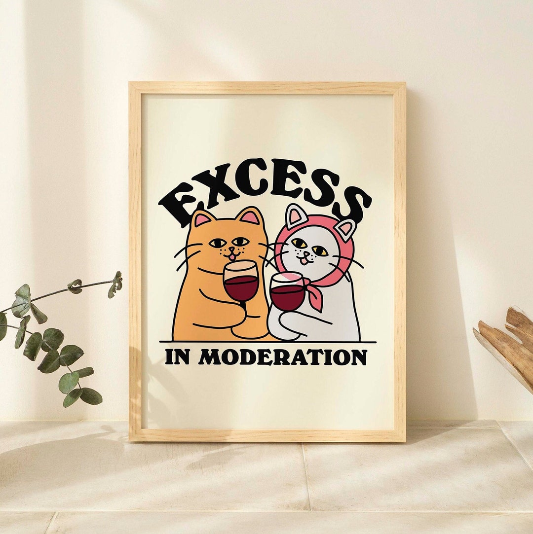 Drunk Cats Wine Print, Retro Drink Alcohol Poster, Cat Excess in ...