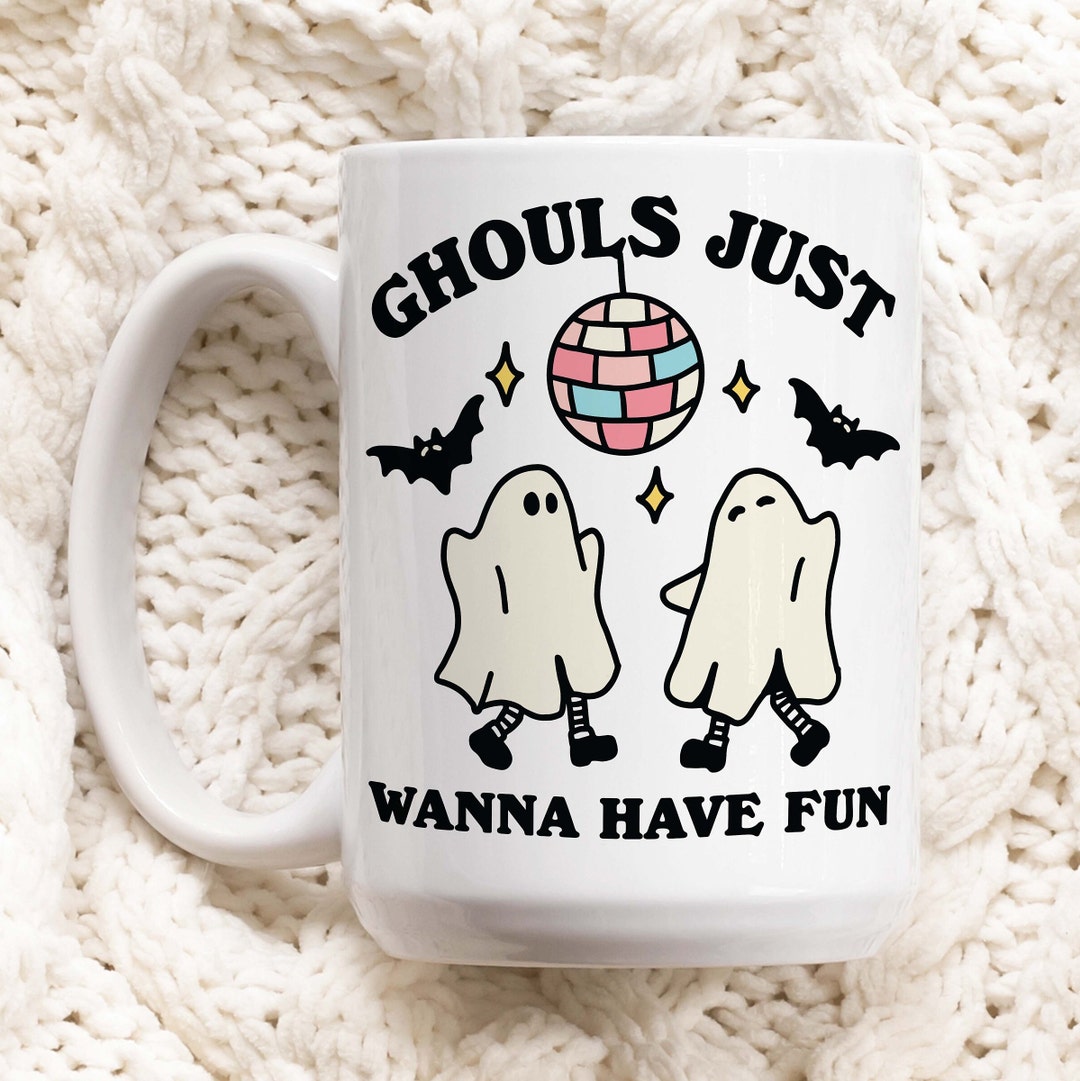 Disco Ghosts Halloween Mug, Bestie Cup Retro Quote, Ghould Just Wanna ...