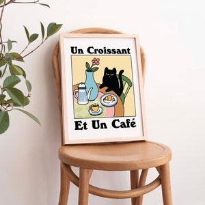 French Cafe Croissant Cat Print, Retro Drink Poster, Bistro Coffee ...