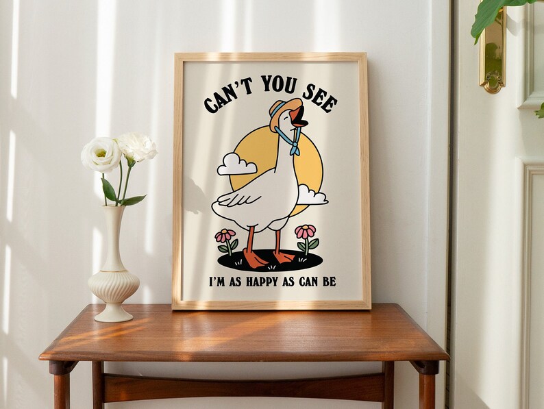 Retro Goose Wall Print, Happy Quote, Vintage Style Illustration ...