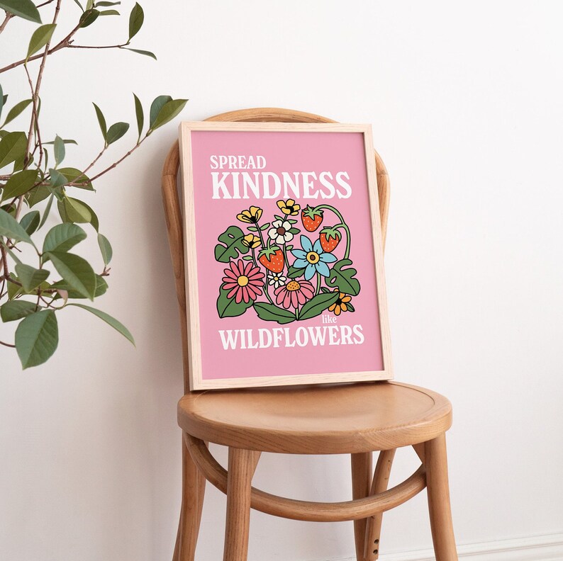 FRAMED Pink Flowers Poster, Botanical Print, Kindess Wildflowers Quote ...