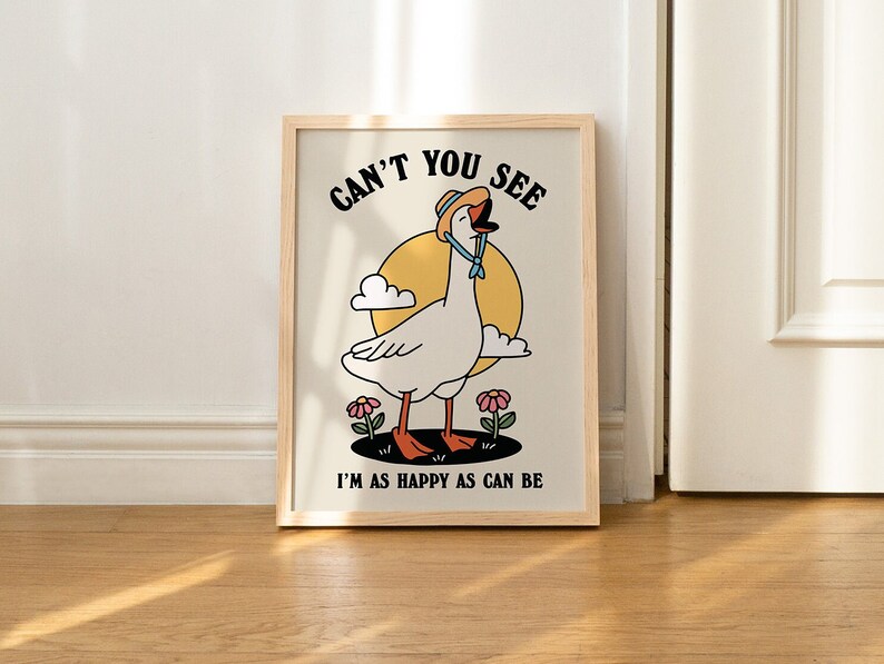 Retro Goose Wall Print, Happy Quote, Vintage Style Illustration ...