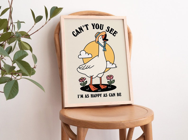 Retro Goose Wall Print, Happy Quote, Vintage Style Illustration ...