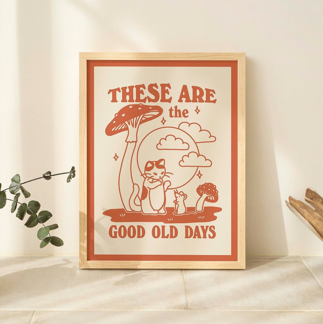 Cat and Mouse Mushroom Print, Good Old Days Print, Retro Orange Green ...