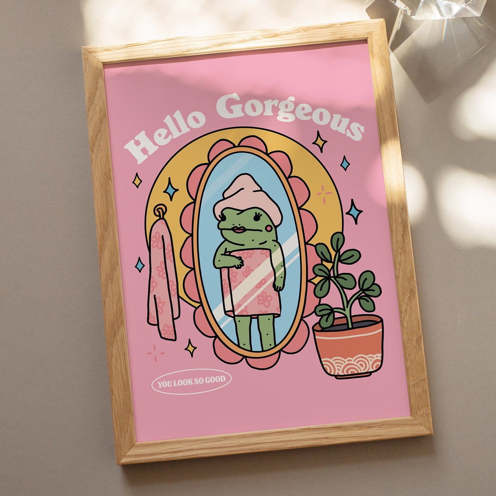 Girly Frog Self Love Wall Print, Positivity Hello Gorgeous Quote, Pink ...