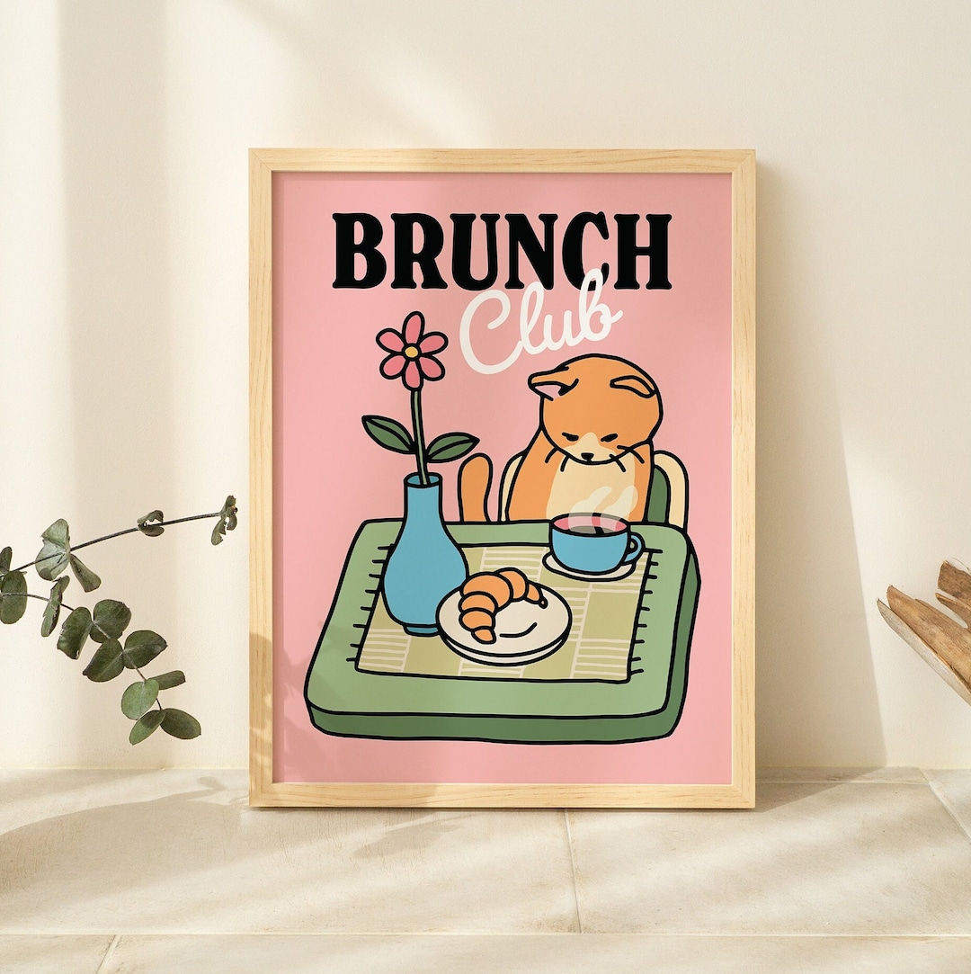 Retro Cat Kitchen Print, Brunch Club Cafe Poster, Pink Cats ...