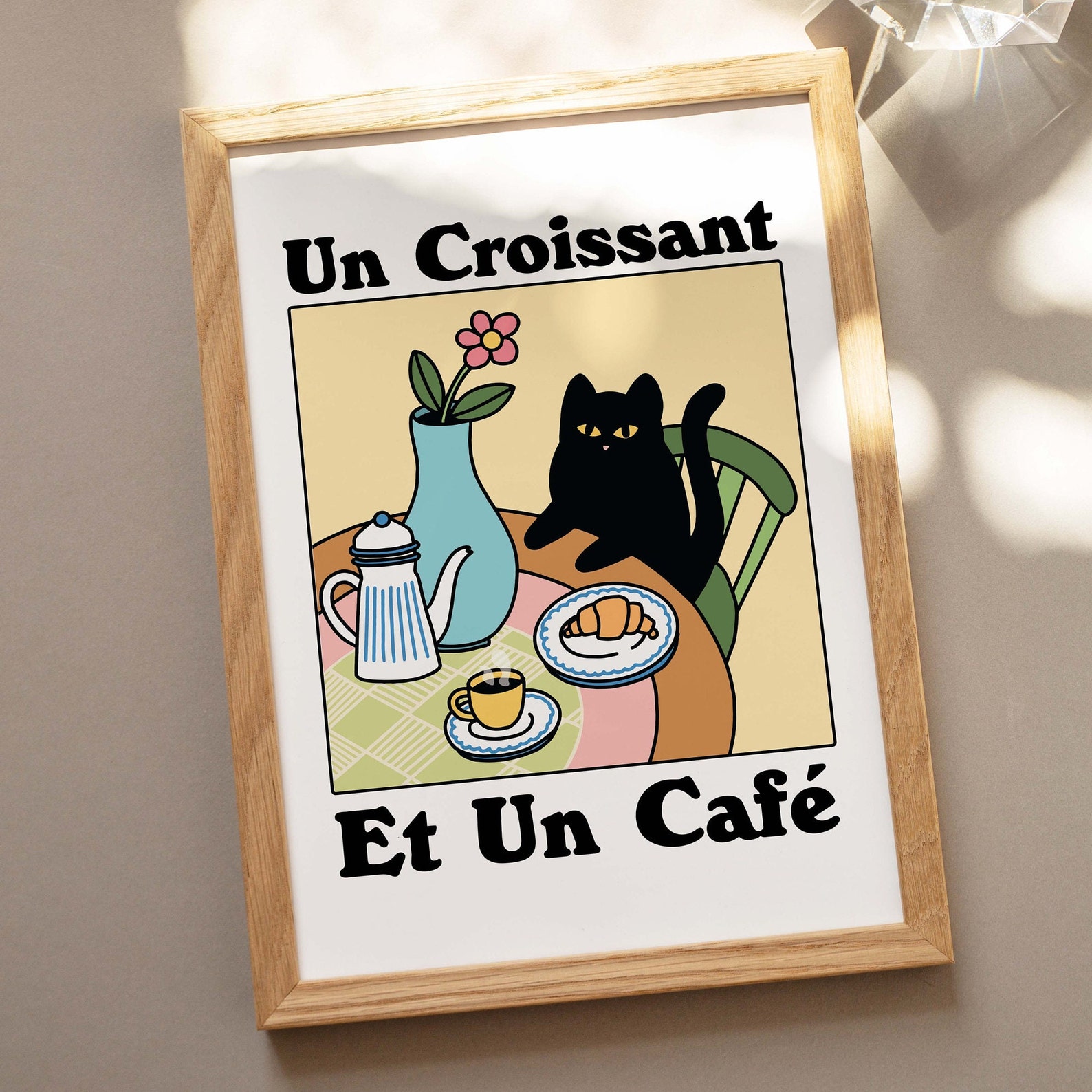 French Cafe Croissant Cat Print, Retro Drink Poster, Bistro Coffee ...