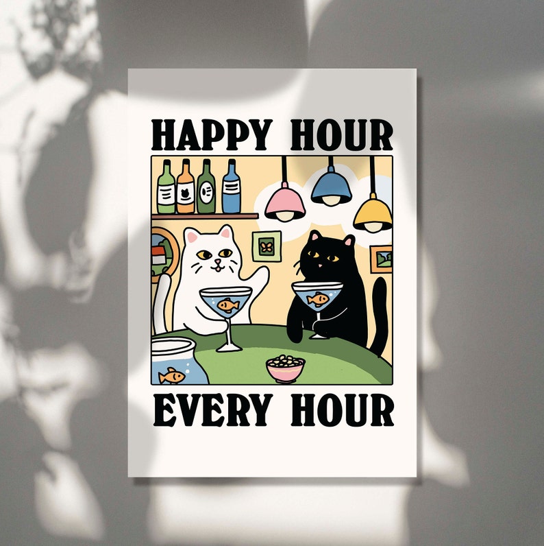 Cat Martini Print, Handmade Posters, Hostess Gifts, Martini Print ...