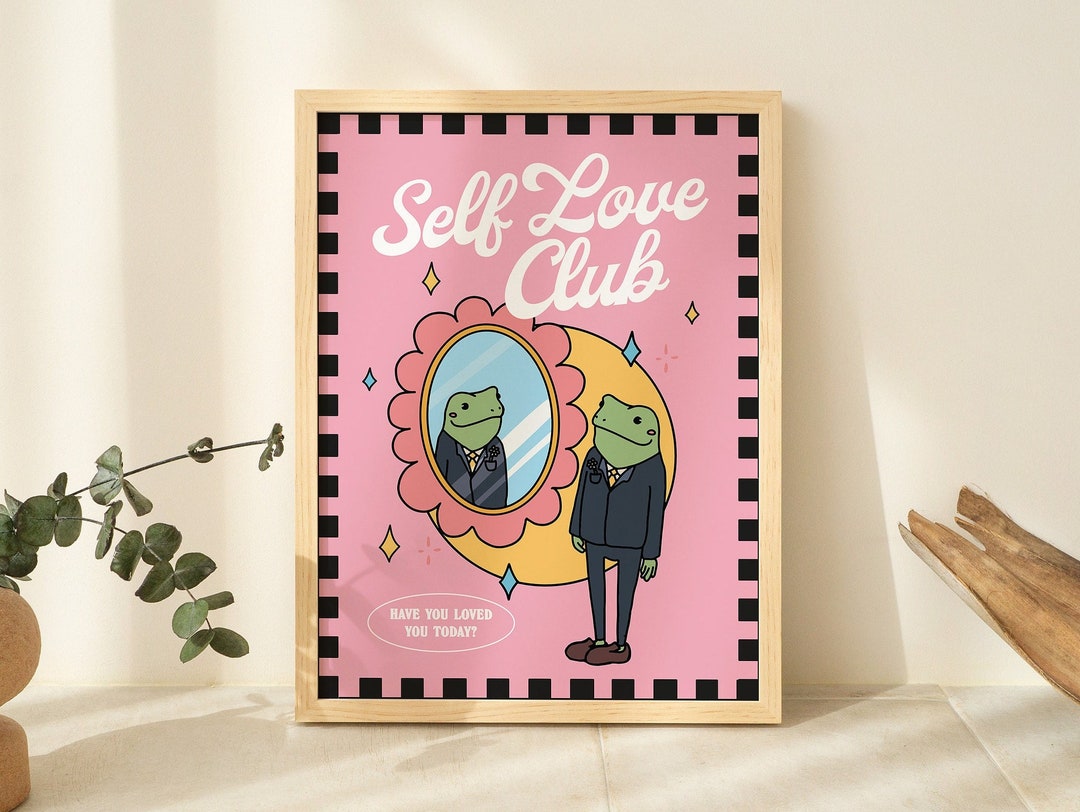 Girly Frog Self Care Wall Print, Positivity Self Love Club, Pink Retro ...