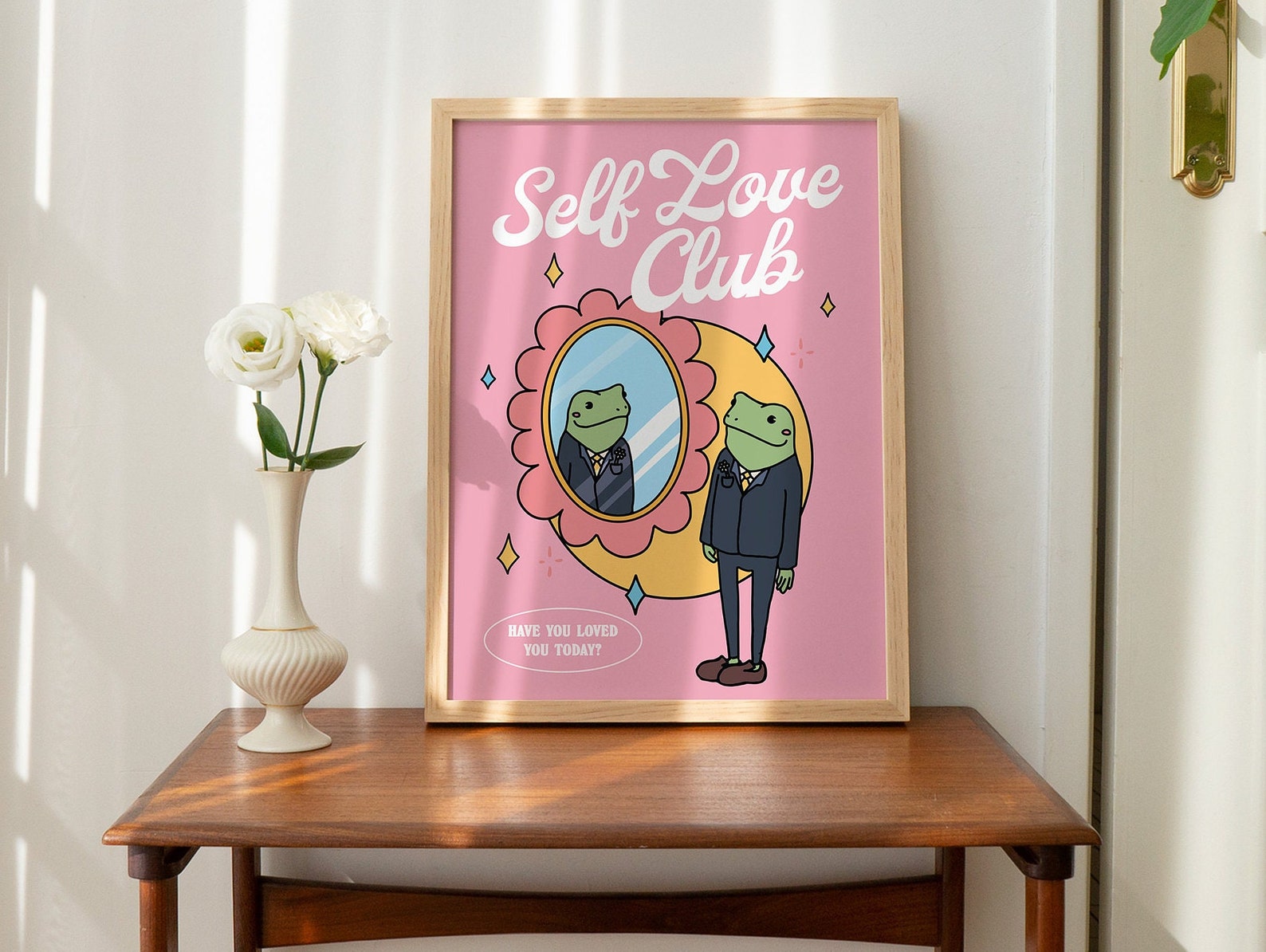 Girly Frog Self Care Wall Print, Positivity Self Love Club, Pink Retro ...