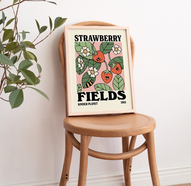 Retro Strawberry Fields Poster, Cute Flower Market Print, Trendy Office ...