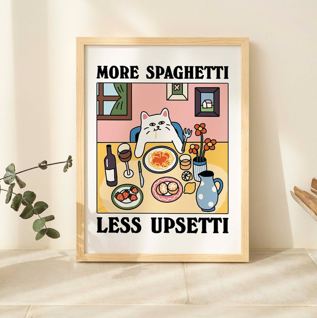 More Spaghetti Less Regretti Cat Print, Retro Diner Poster, Bistro ...