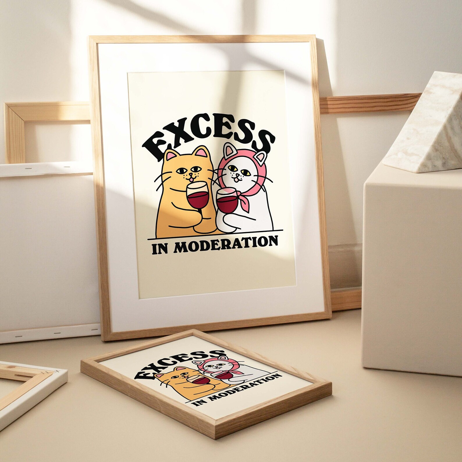 Drunk Cats Wine Print, Retro Drink Alcohol Poster, Cat Excess in ...