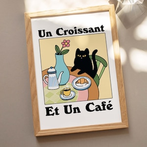 FRAMED French Cafe Cat Print, Croissant Poster, Cute Kitchen Poster ...