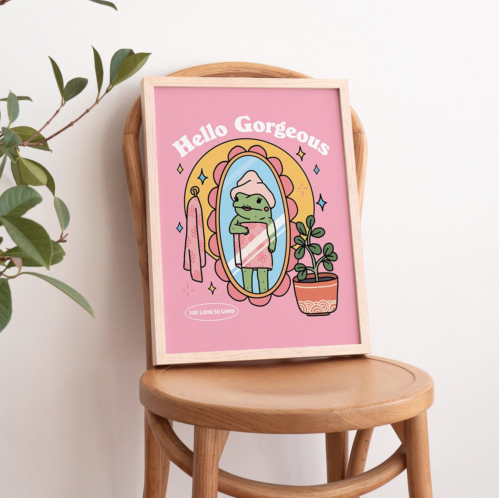 Girly Frog Self Love Wall Print, Positivity Hello Gorgeous Quote, Pink ...