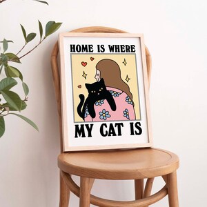 Cute Cat Print, Retro Home is Where My Cat is Poster, Eclectic Colordul ...
