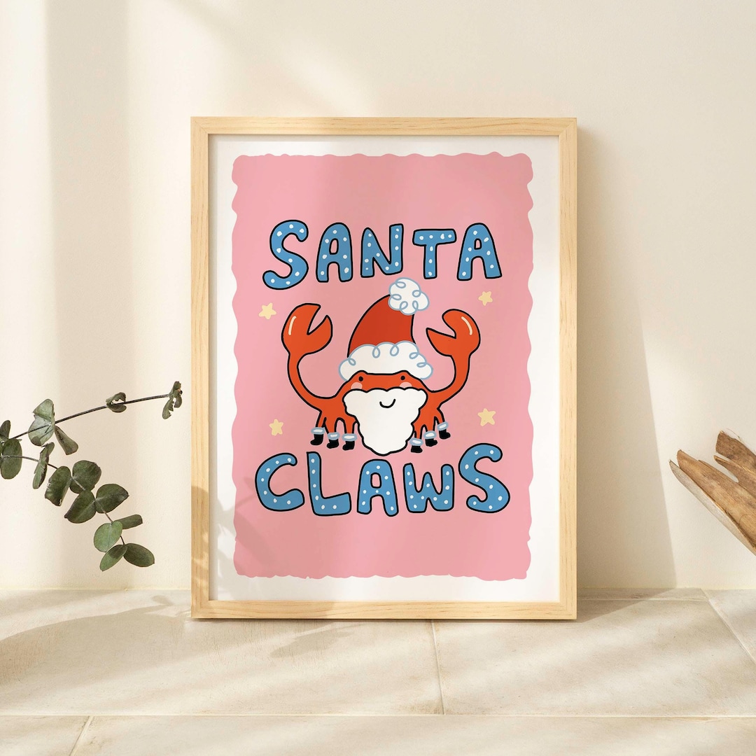 Santa Claws Christmas Crab Print, Funny Cute Pink Xmas Decor, Childrens ...