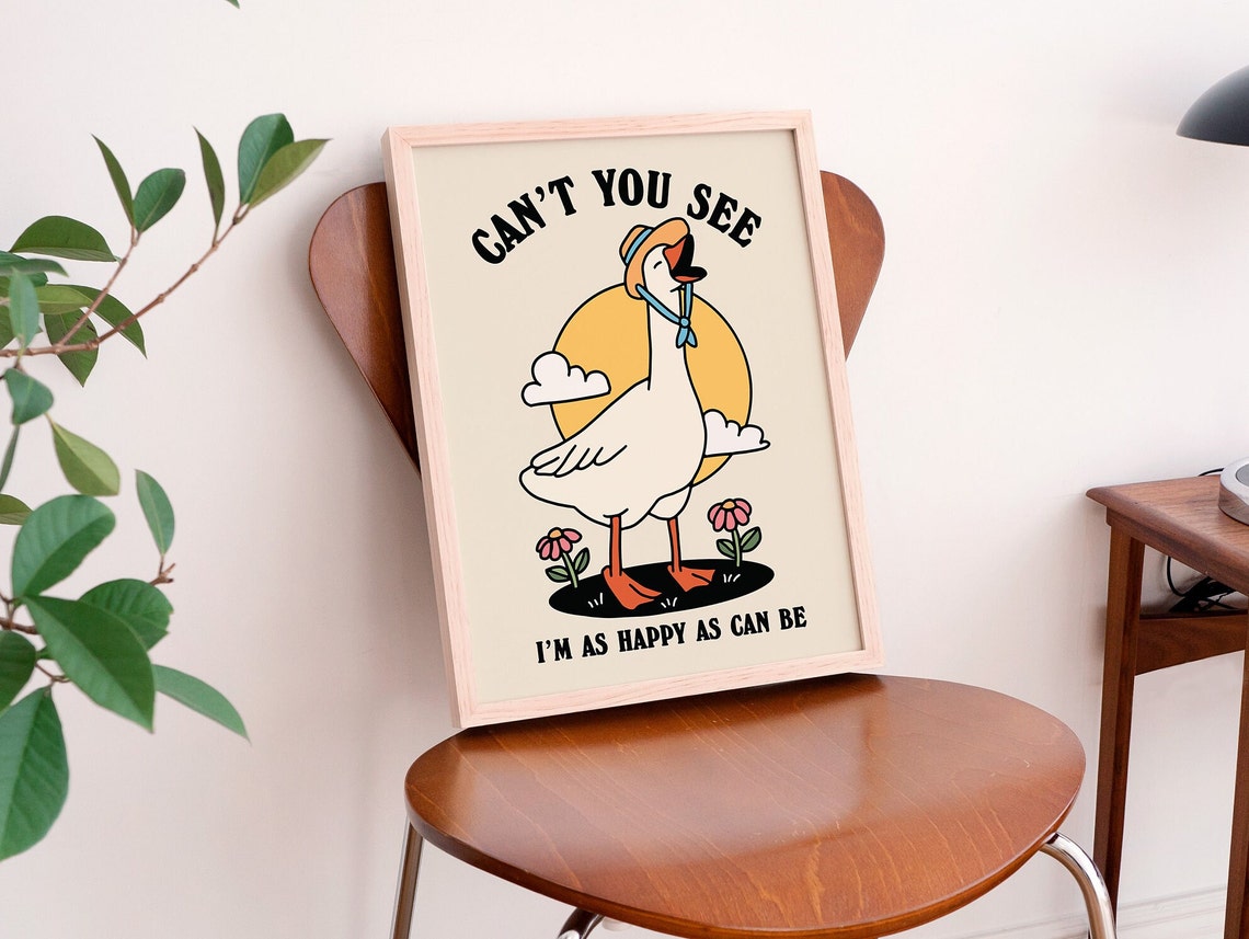 Retro Goose Wall Print, Happy Quote, Vintage Style Illustration ...