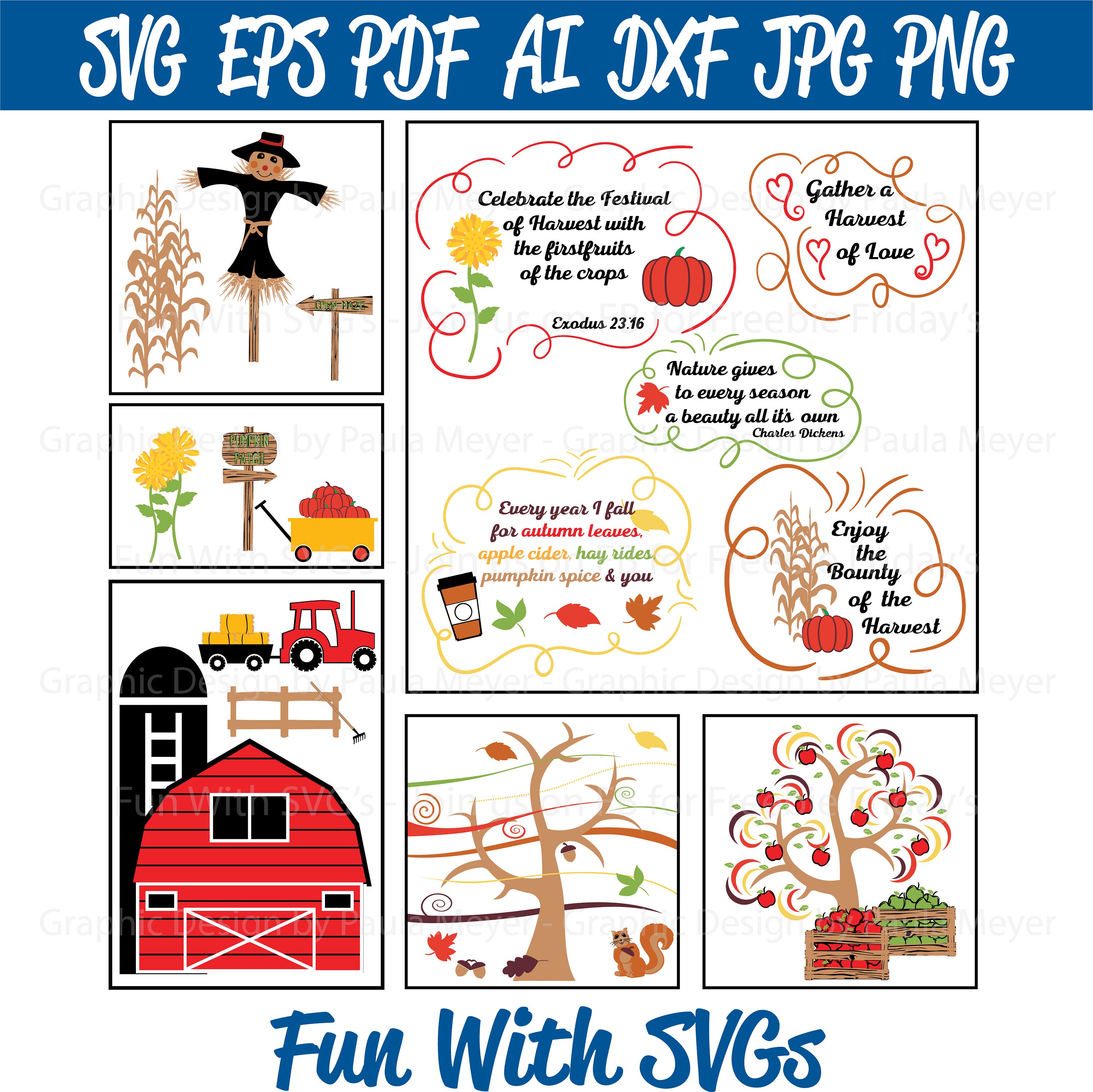 Harvest Set SVG, Barn, Scarecrow, Barn, Apples, Crates, Tractor, Wagon ...