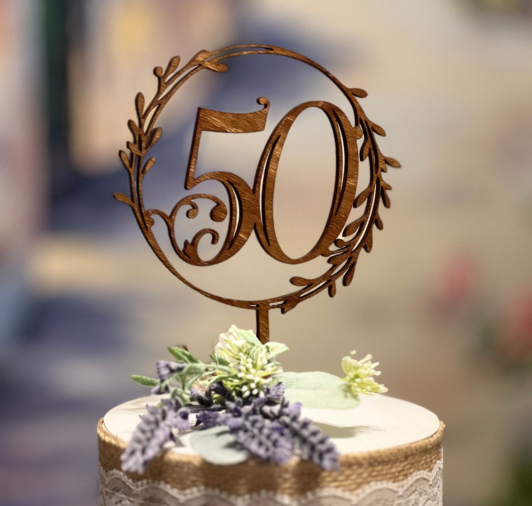 50th Anniversary Cake Topper: Stained Birch Wood, Floral Wreath - Etsy