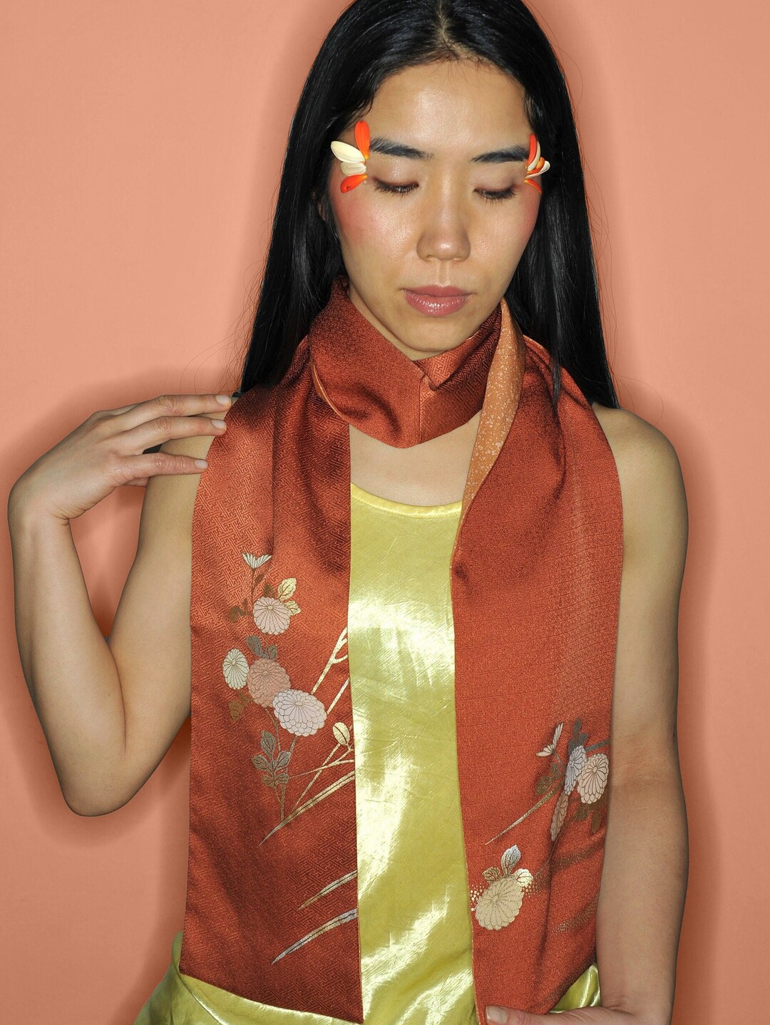 Vintage Japanese Kimono Scarf | Long Narrow Silk Scarf | Brown Silk ...