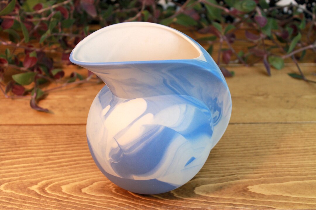 Vintage Ceramic Pitcher With Unique Mid Century Shape - Blue and White ...