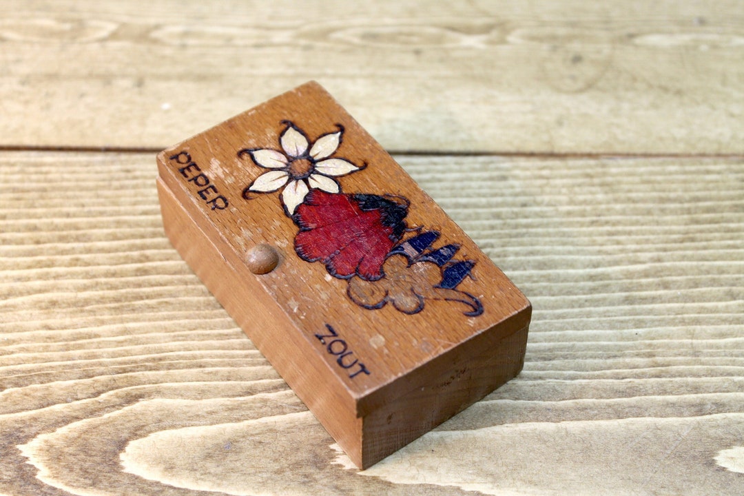 Vintage Wood Burned Swing Top Spice Box - Salt and Pepper - Dutch ...