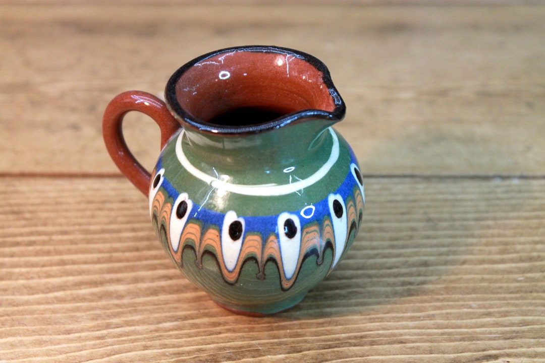 Vintage Bulgarian Redware Pottery - Bud Vase Jug Miniature - Slip Trail ...