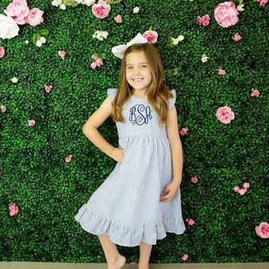 Girls Seersucker Dress, Baby Girl Ruffle Dress, Monogrammed Seersucker ...