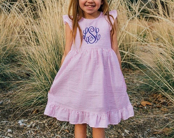 Girls Seersucker Dress, Baby Girl Ruffle Dress, Monogrammed Seersucker ...