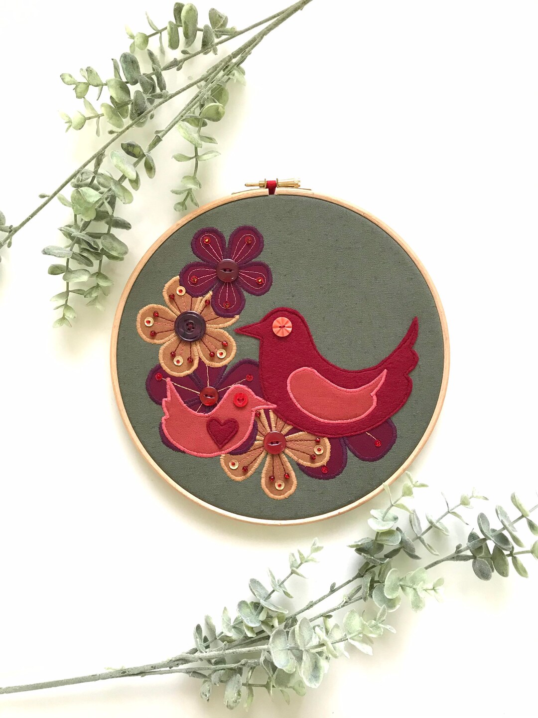 9 Inch Red Fabric Hoop, Bird and Flower Hoop Art, Red Hanging Hoop ...