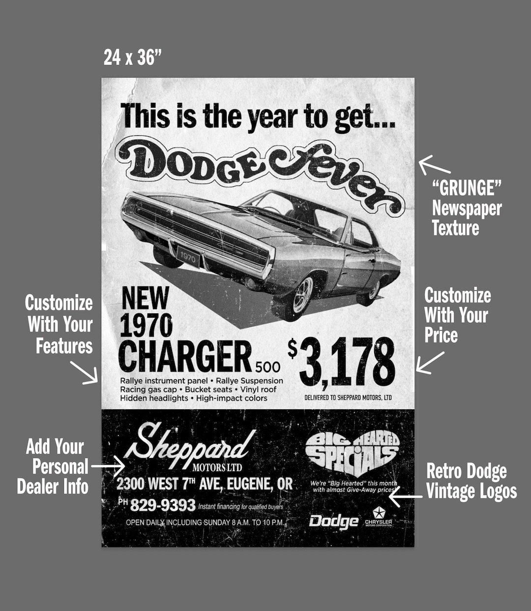 Customizable Retro 1970 Dodge Charger Newspaper Ad Poster Muscle Car ...