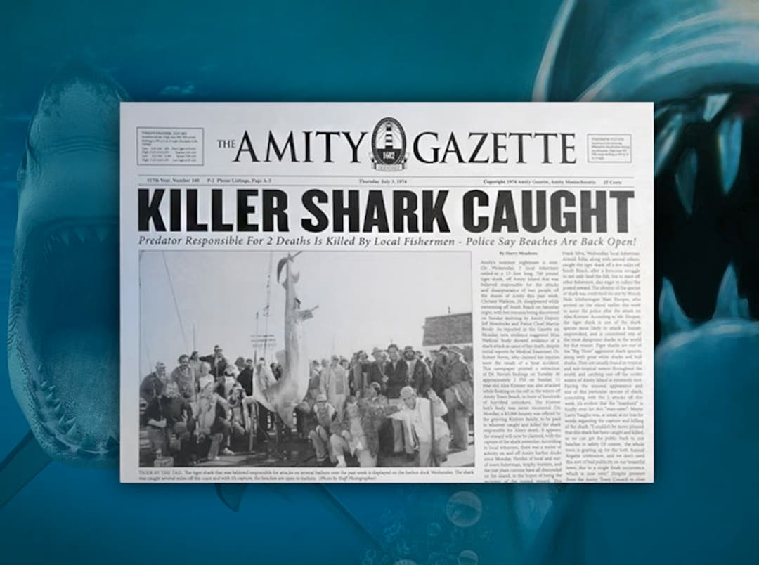 JAWS Killer Shark Newspaper 1975 Movie Props Jaws Memorabilia Amity ...