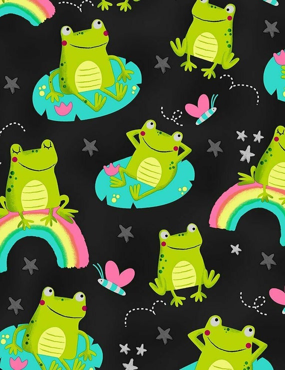 Frogs Fabric: Black Lounging Frogs Rainbows Timeless Treasures | Etsy ...