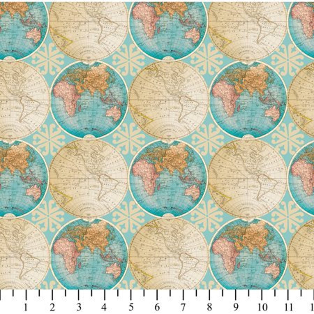 Globes Fabric Map Fabric: David Textiles Vintage Globes 100% - Etsy