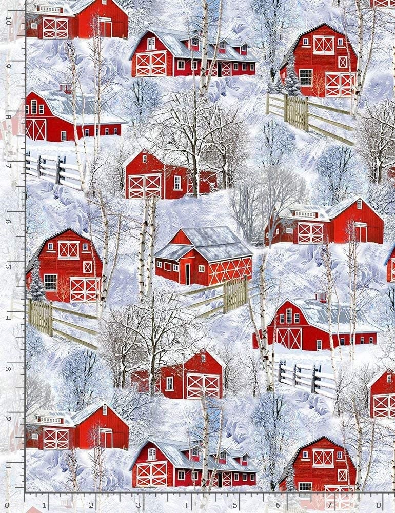 Winter Snow Fabric Red Barn Fabric: Timeless Treasures Red - Etsy UK