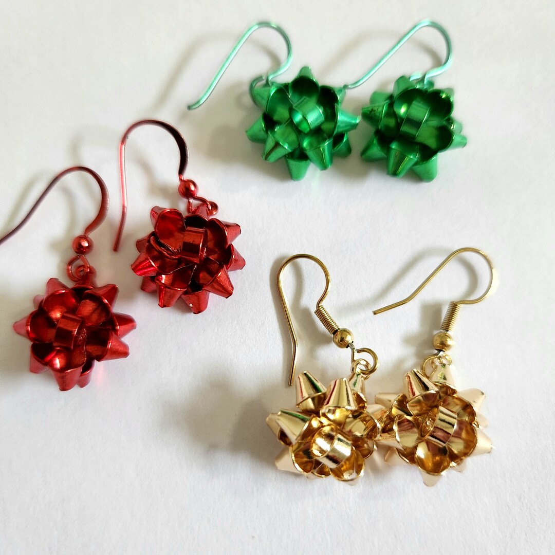 Christmas Bow Earrings Red, Green, Gold Bows With Matching Ear Wires ...