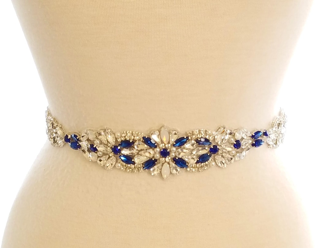 Silver & Blue Opal Pearl Bridal Sash Belt: Jeweled Wedding Dress Belt ...