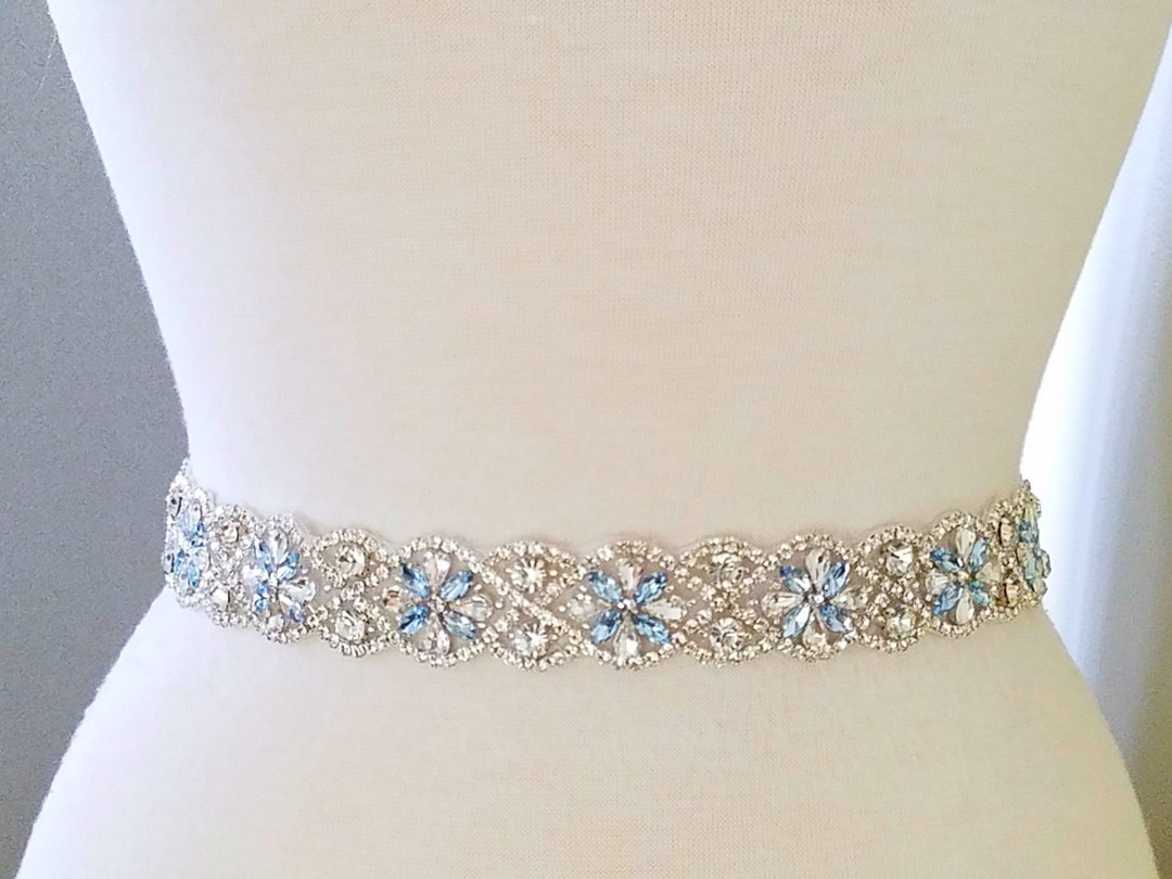 Silver Jeweled Light Blue Clear Stone Sash Belt, 20" Jeweled Trim - Etsy