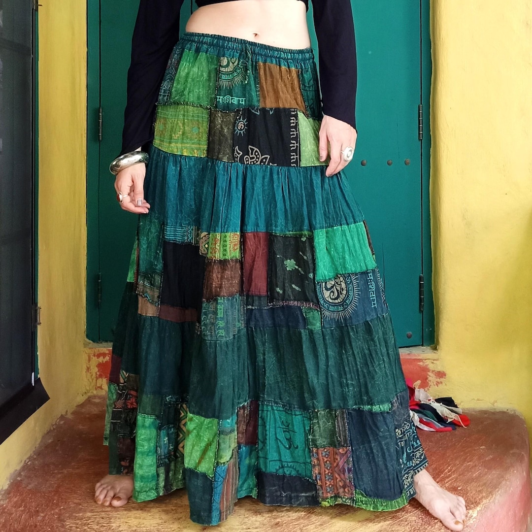 Green Patchwork Cotton Maxi Skirt: Extra Long Tiered Boho Hippie Style ...