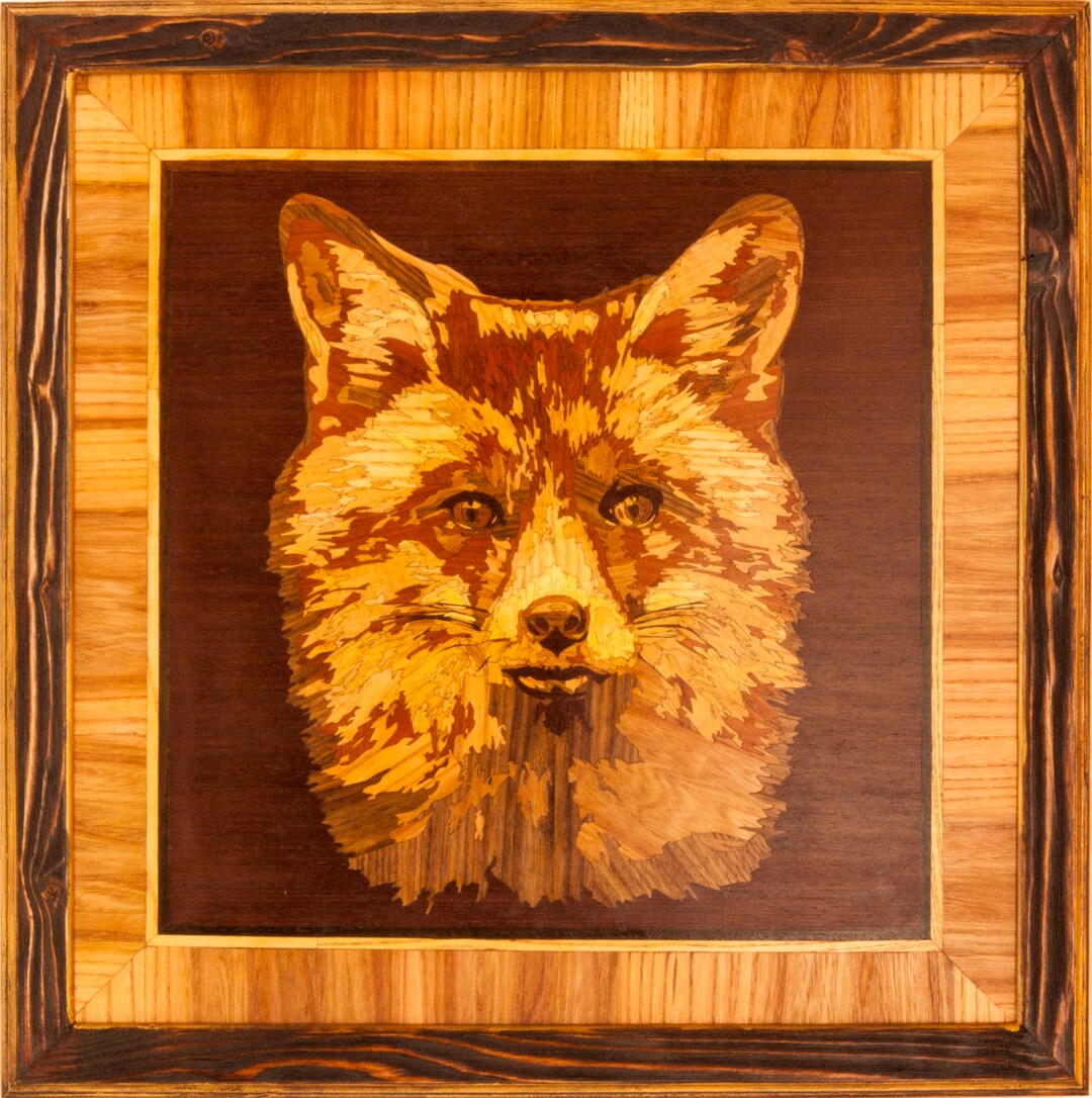 Wood Mosaic 24x24 Inlay FRAMED Fox Portrait Wildlife Mosaic Wild Nature ...