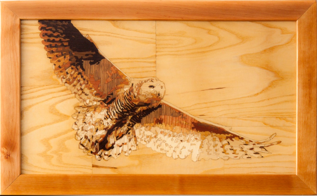 Wood Mosaic 25x16 Inlay FRAMED Snow Owl Bird Wildlife Wild Nature Eco ...
