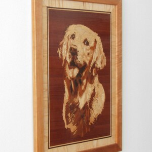 Wood Mosaic 28x22 Inlay FRAMED Golden Retriever Dog Portrait Panel ...
