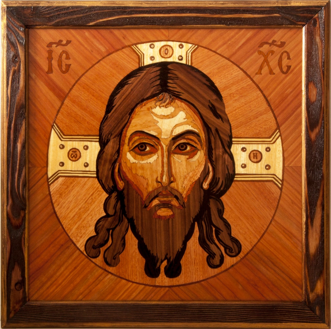Wood Mosaic 20x20 Inlay FRAMED Jesus Christ Savior Orthodox Byzantine ...