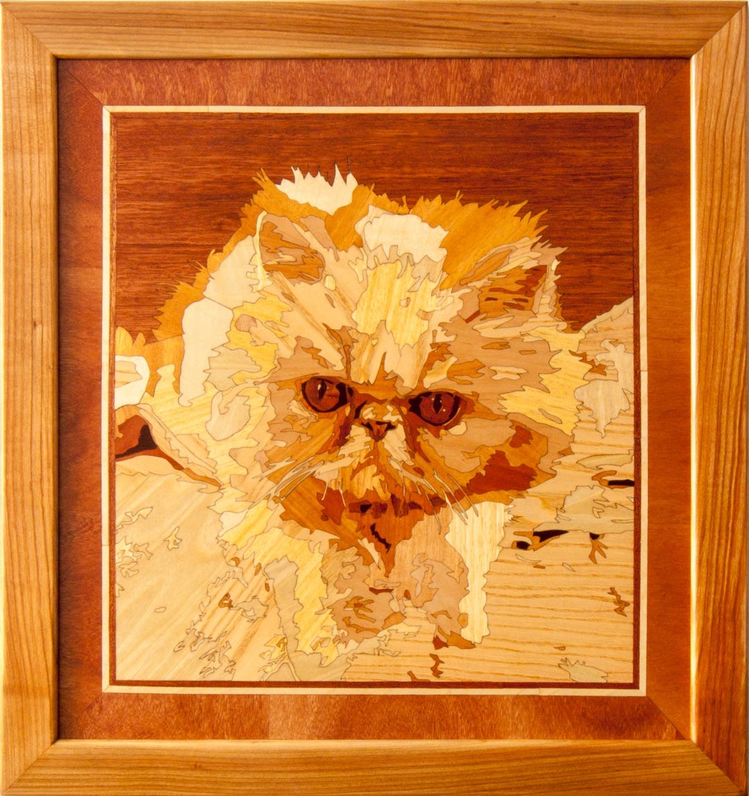 Wood Mosaic 22x21 Inlay FRAMED Teddy Cat Portrait Panel Ready to Hang ...