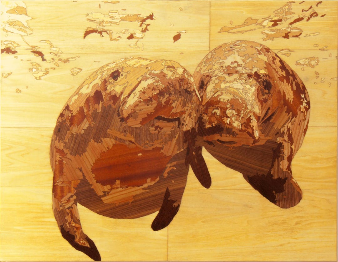 Wood Mosaic 27x20 Inlay FRAMED Manatees Wildlife Marine Wild Nature ...