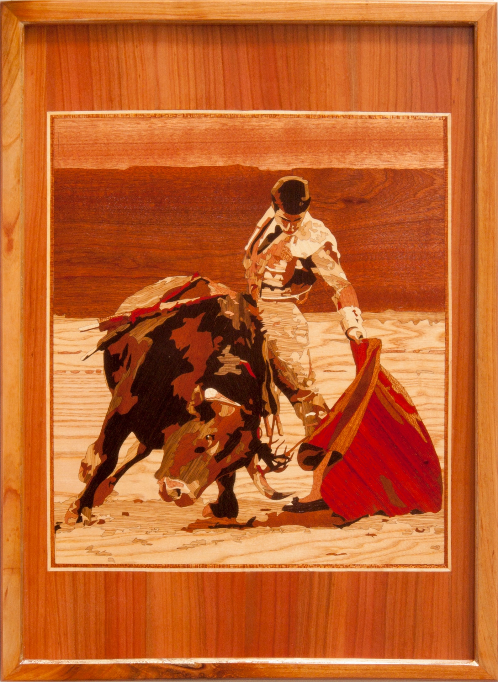 Wood Mosaic 28x21 Inlay FRAMED Bullfighting Picture Corrida Matador ...