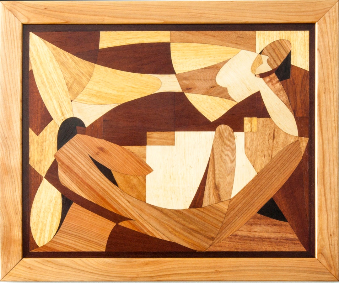 Wood Mosaic 24x20 Inlay FRAMED Pair Love Marquetry Panel Cubism Boho ...
