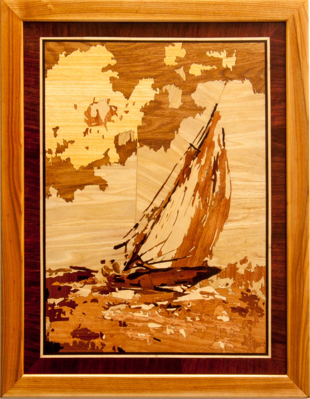 Wood Mosaic 25x18 Inlay FRAMED Regatta Sailing Races Seascape Marine ...