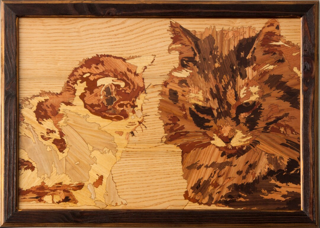 Wood Mosaic 27x19 Inlay FRAMED Cat and Kitten Portrait Wood Panel Ready ...